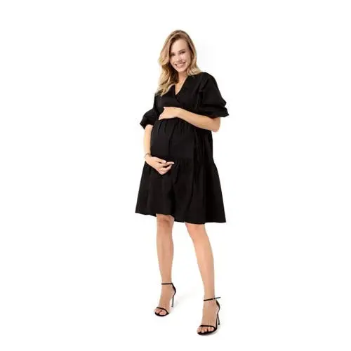 ACCOUCHEE Waterfall Tie Waist A-line Maternity/nursing Wrap Dress - Black