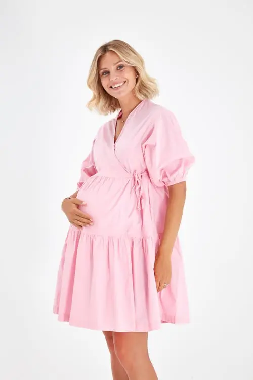 ACCOUCHEE Waterfall Tie Waist A-line Maternity/nursing Wrap Dress - Pink