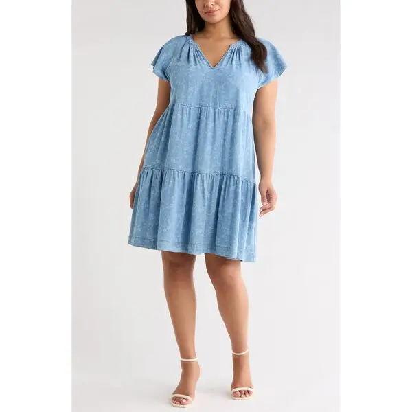 LIVERPOOL Tiered Floral Flutter Sleeve Denim Dress - Indigo Roses