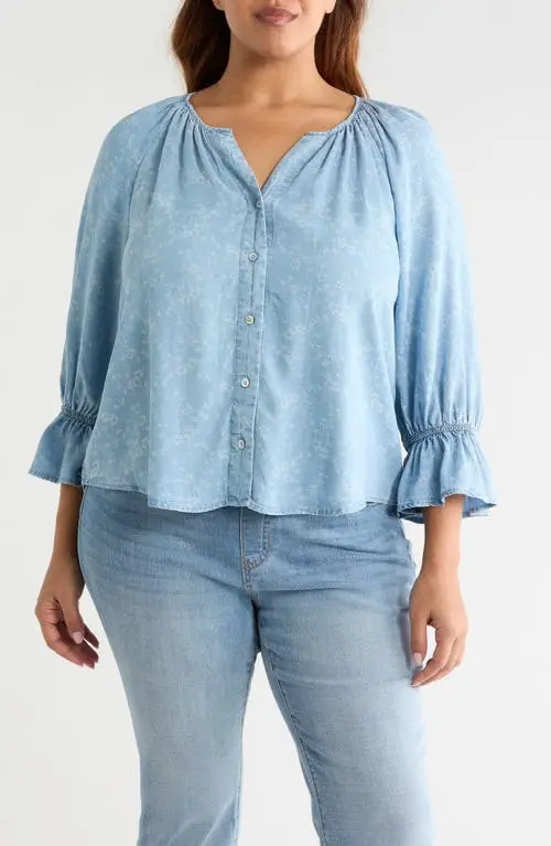 LIVERPOOL Shirred Chambray Button-up Top - Rose Ice