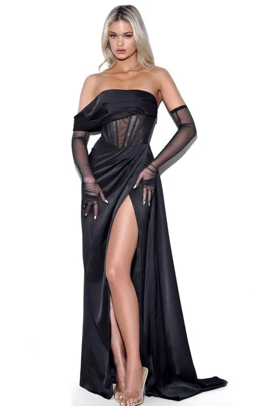 MISS CIRCLE Rebeca Satin High Slit Corset Gown - Black