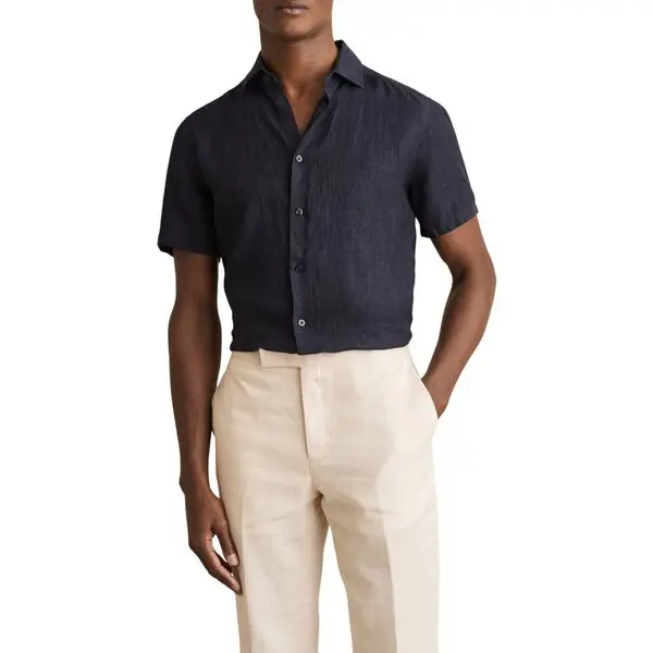 REISS Holiday Short Sleeve Linen Button-up Shirt - Navy