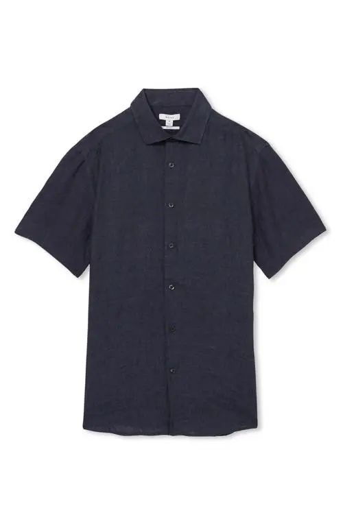 REISS Holiday Short Sleeve Linen Button-up Shirt - Navy
