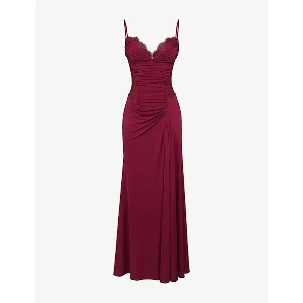 House Of Cb Lace-trim Stretch-jersey Maxi Dress - Wine