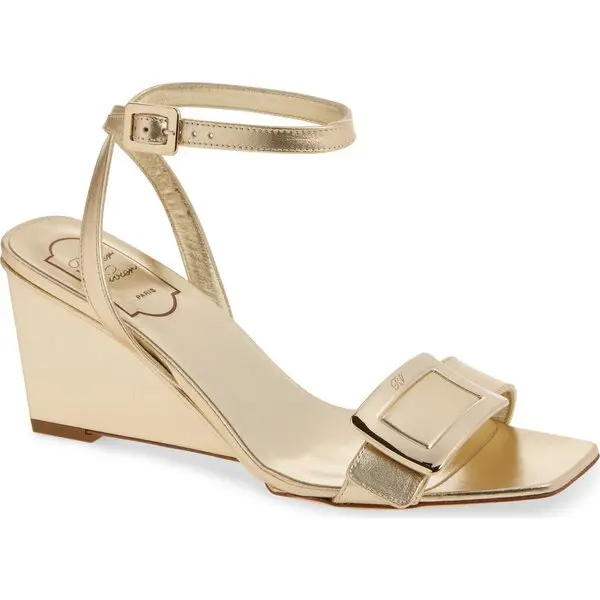 ROGER VIVIER Belle Vivier Metallic Ankle Strap Wedge Sandals - Gold