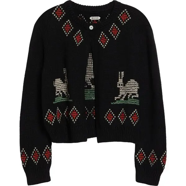 BODE Bunny Cross Stitch Wool Cardigan - Black