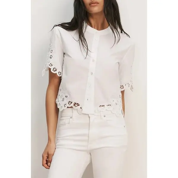 Veronica Beard Aleck Eyelet Embroidery Button-up Top - White