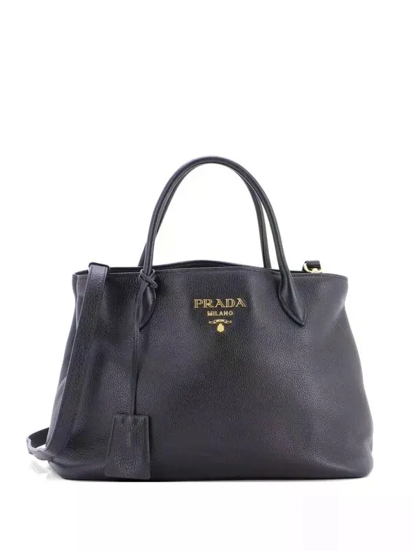 Prada Dual Strap Convertible Open Tote Vitello Daino Medium Satchel - Black