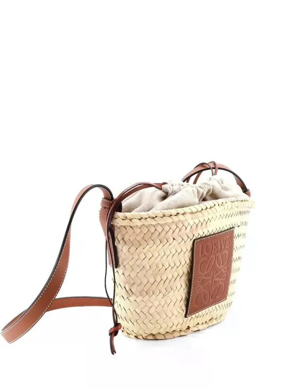 Loewe Drawstring Bucket Raffia And Leather Crossbody Bag - Brown