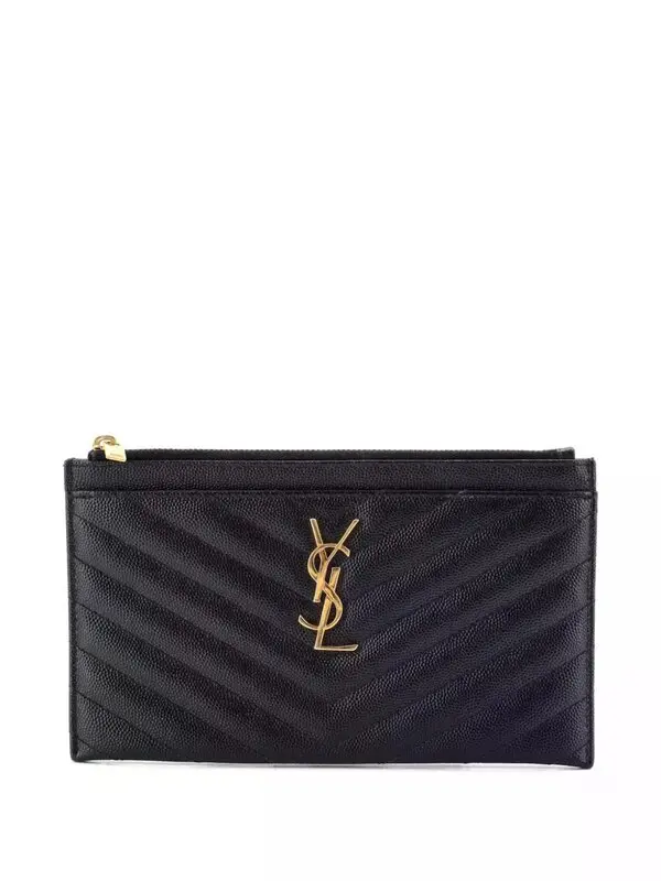 Saint Laurent Classic Monogram Zip Bill Matelasse Chevron Leather Medium Pouch - Black