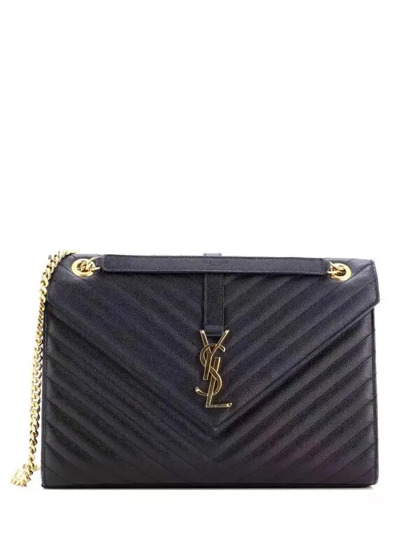 Saint Laurent Classic Monogram Envelope Satchel Matelasse Chevron Leather Large Shoulder Bag - Black