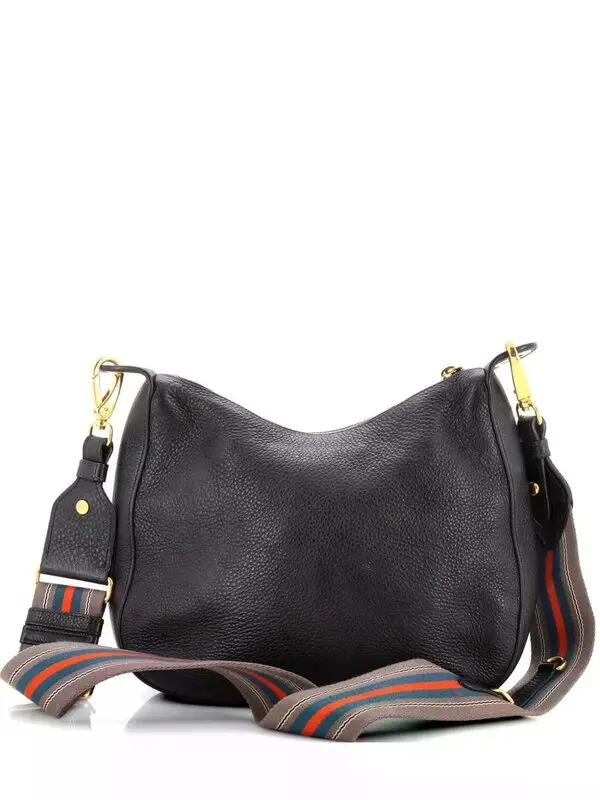 Prada Striped Strap Zip Hobo Vitello Phenix Small Crossbody Bag - Black