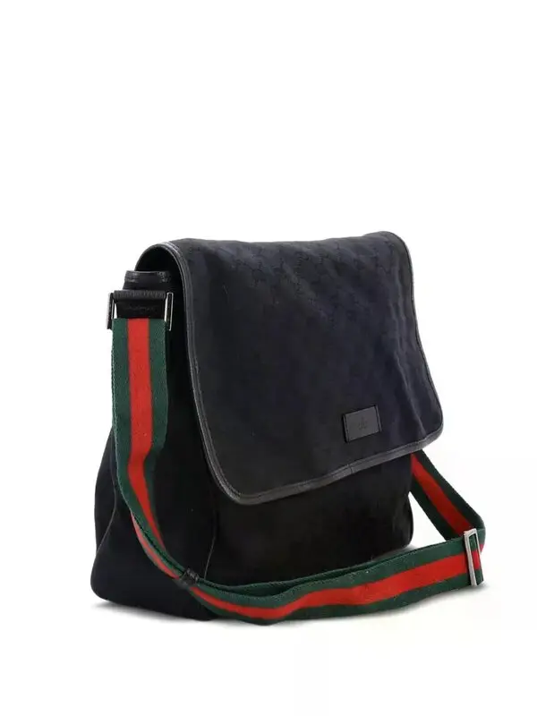 Gucci Web Strap Flap Messenger Gg Canvas Medium Crossbody Bag - Black