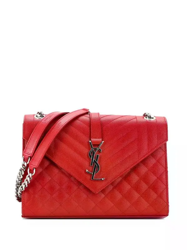 Saint Laurent Classic Monogram Envelope Satchel Mixed Matelasse Leather Medium Shoulder Bag - Red