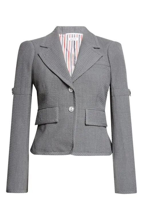 Thom Browne Crop Sculpted Shoulder Wool Seersucker Jacket - Light Grey