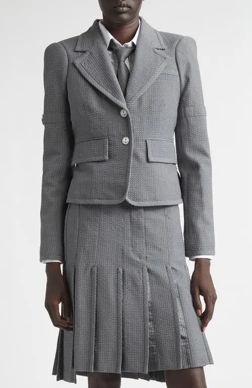 Thom Browne Crop Sculpted Shoulder Wool Seersucker Jacket - Light Grey
