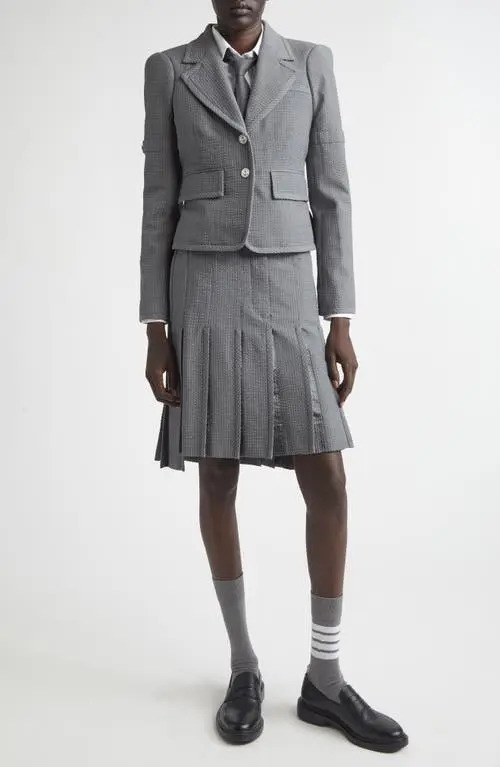Thom Browne Crop Sculpted Shoulder Wool Seersucker Jacket - Light Grey