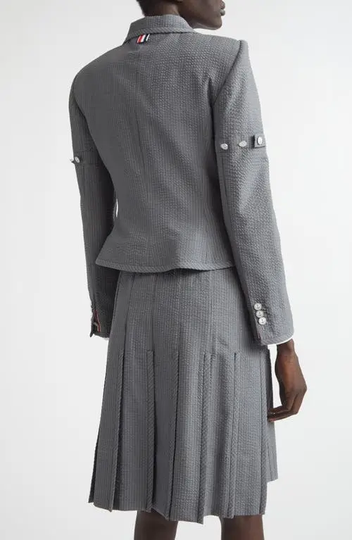 Thom Browne Crop Sculpted Shoulder Wool Seersucker Jacket - Light Grey