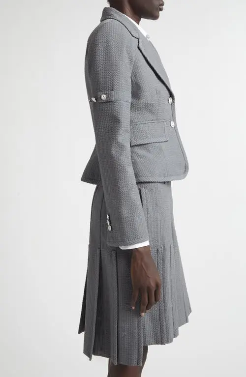 Thom Browne Crop Sculpted Shoulder Wool Seersucker Jacket - Light Grey
