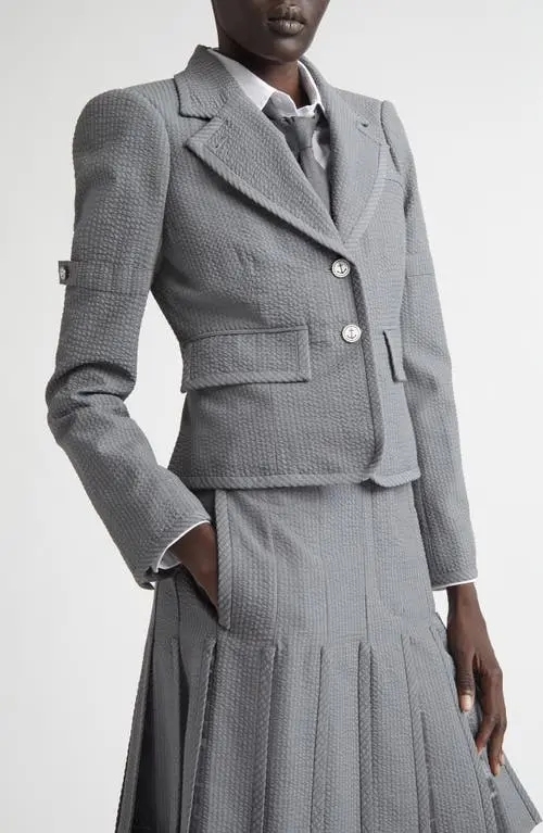 Thom Browne Crop Sculpted Shoulder Wool Seersucker Jacket - Light Grey