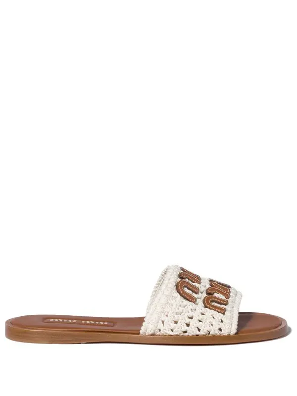 Miu Miu Crochet And Leather Slides - Nude & Neutrals