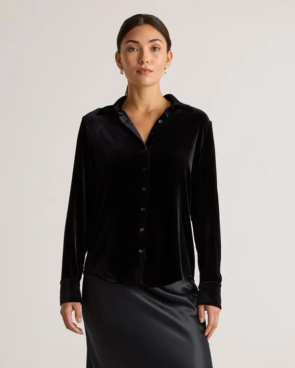 Quince Stretch Silk Velvet Long Sleeve Shirt - Black