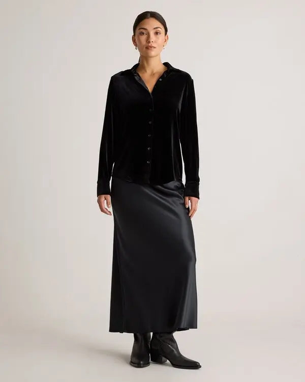 Quince Stretch Silk Velvet Long Sleeve Shirt - Black