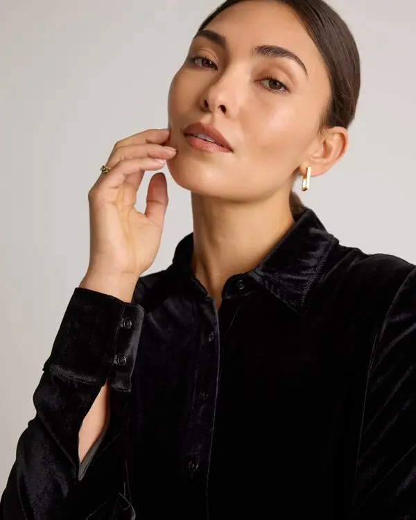 Quince Stretch Silk Velvet Long Sleeve Shirt - Black