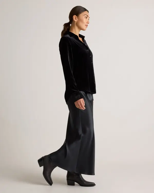 Quince Stretch Silk Velvet Long Sleeve Shirt - Black
