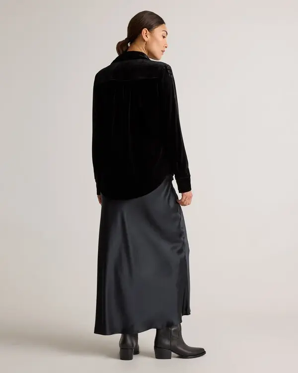 Quince Stretch Silk Velvet Long Sleeve Shirt - Black