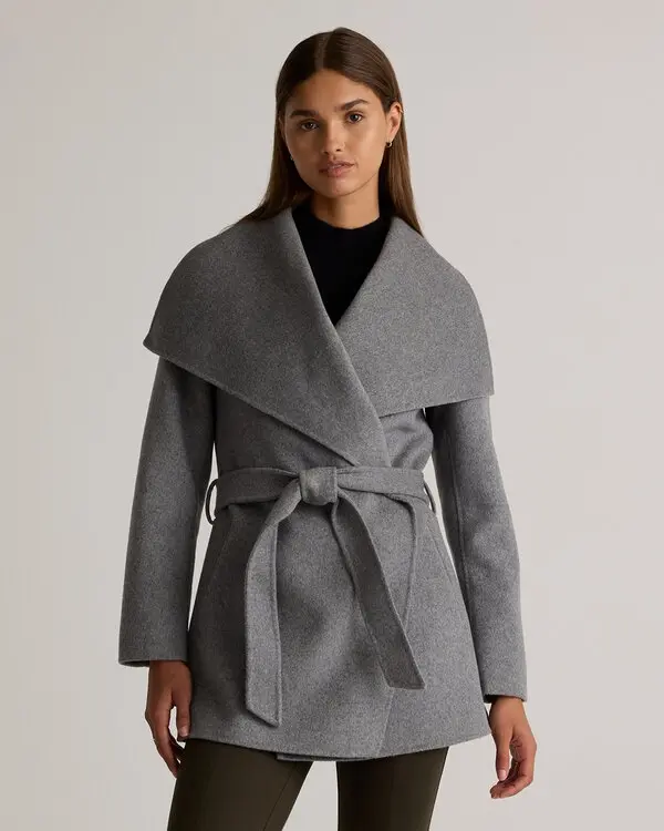 Quince Double-faced Merino Wool Draped Collar Short Wrap Coat - Heather Grey