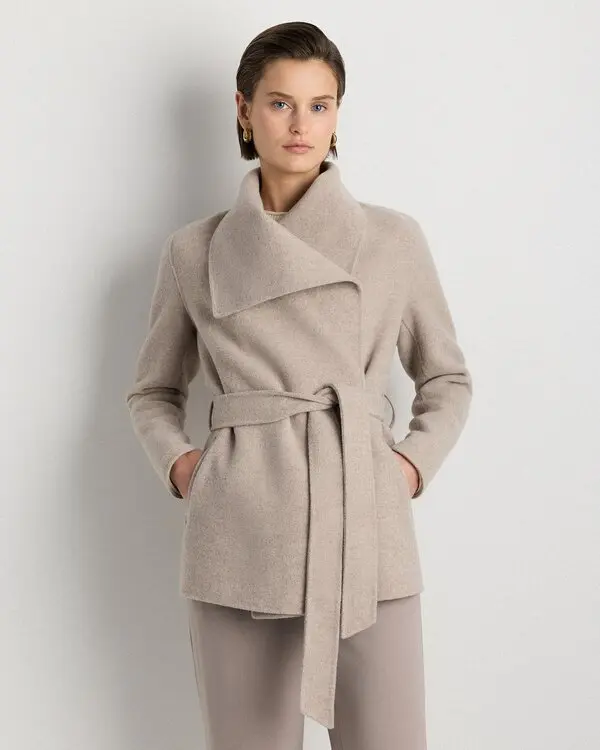 Quince Double-faced Merino Wool Draped Collar Short Wrap Coat - Oat