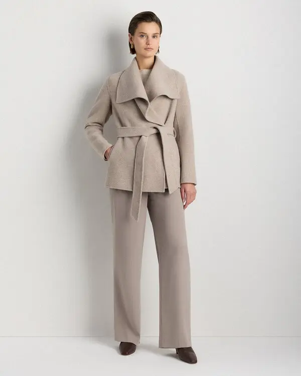 Quince Double-faced Merino Wool Draped Collar Short Wrap Coat - Oat