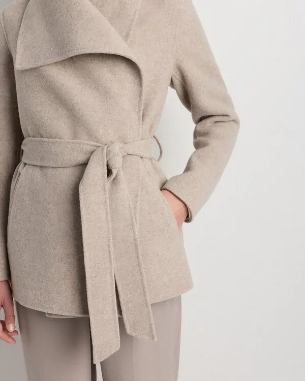 Quince Double-faced Merino Wool Draped Collar Short Wrap Coat - Oat