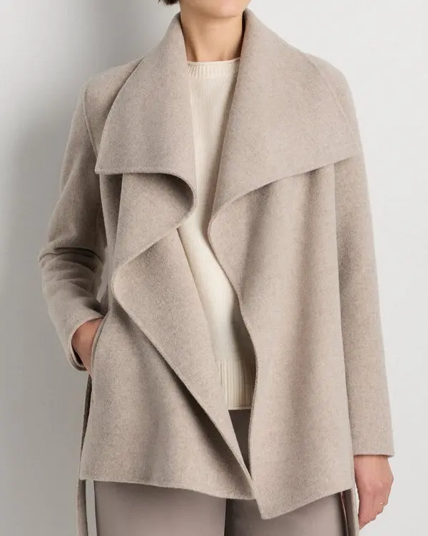 Quince Double-faced Merino Wool Draped Collar Short Wrap Coat - Oat