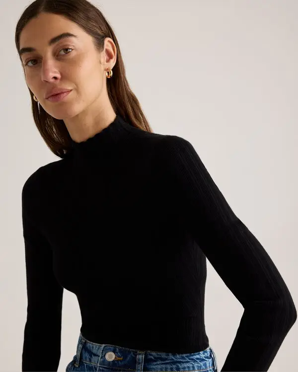 Quince Cotton Cashmere Ribbed Turtleneck Bodysuit - Black