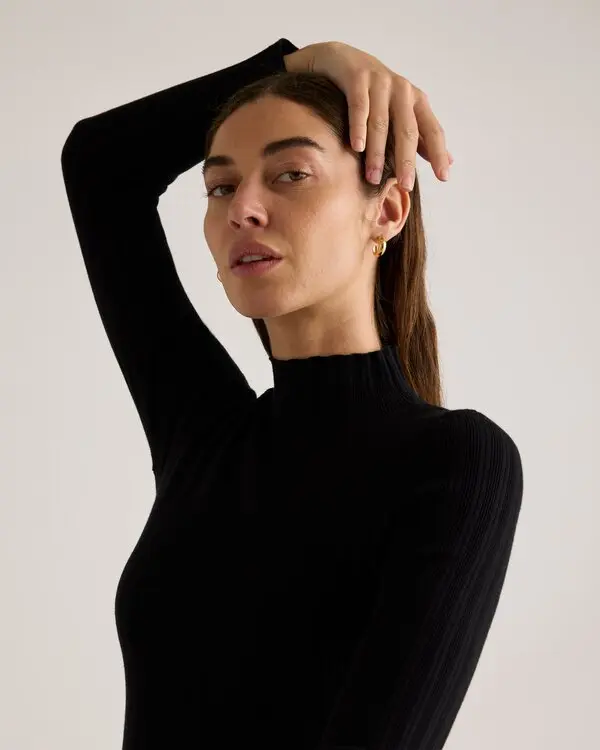Quince Cotton Cashmere Ribbed Turtleneck Bodysuit - Black