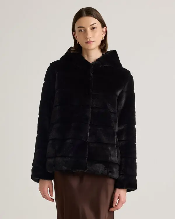 Quince Hooded Faux Fur Jacket - Black