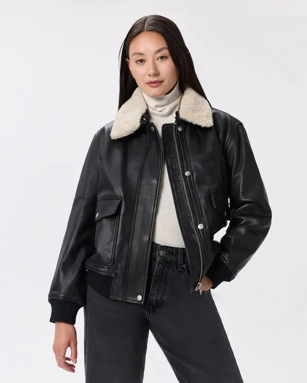 Quince Shearling Trim Aviator Jacket - Black