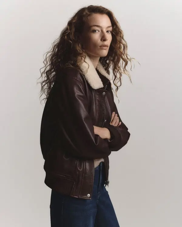 Quince Shearling Trim Aviator Jacket - Brown