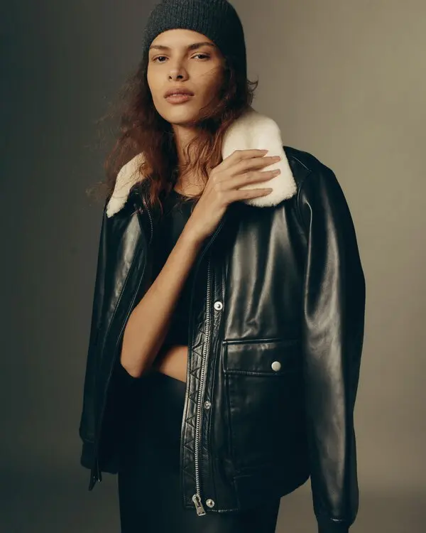 Quince Leather Shearling Trim Aviator Jacket - True Black