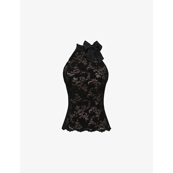 House Of Cb Stretch-lace Top With Detachable Bow - Black