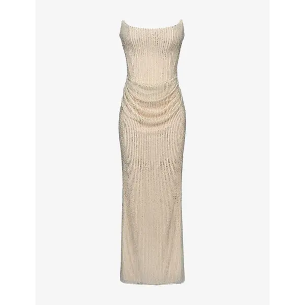 House Of Cb Arielle Bead-embellished Mesh Gown - Champagne