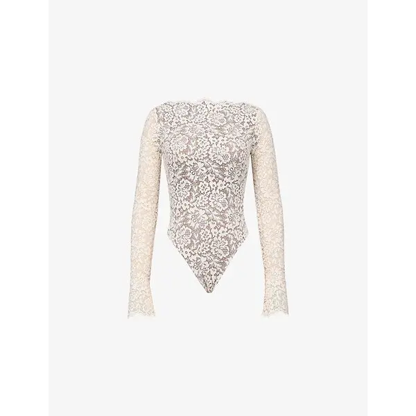 House Of Cb Ellie Lace Long-sleeve Woven Bodysuit - Vintage Cream