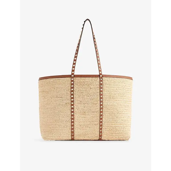Valentino Garavani Rockstud Raffia Tote Bag - Naturale/selleria