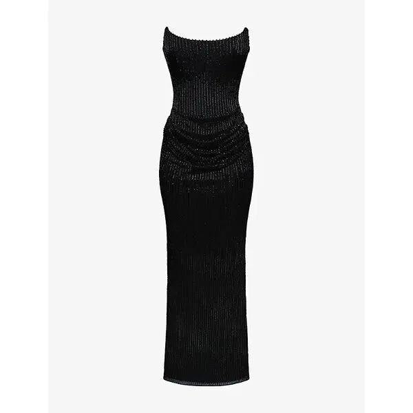 House Of Cb Alicia Bead-embellished Stretch-woven Floor-length Gown - Black