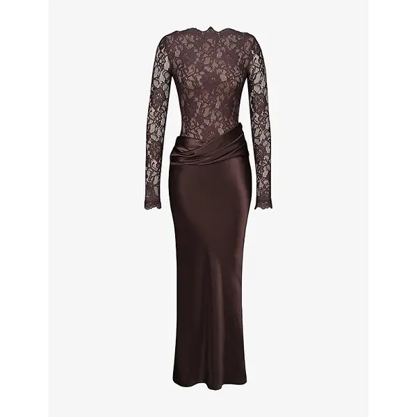 House Of Cb Yasmeen Lace-bodysuit Stretch-woven Maxi Dress - Espresso Brown