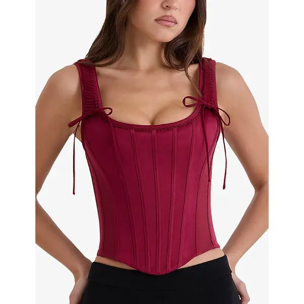 House Of Cb Satin Corset Top With Square Neck - Wine