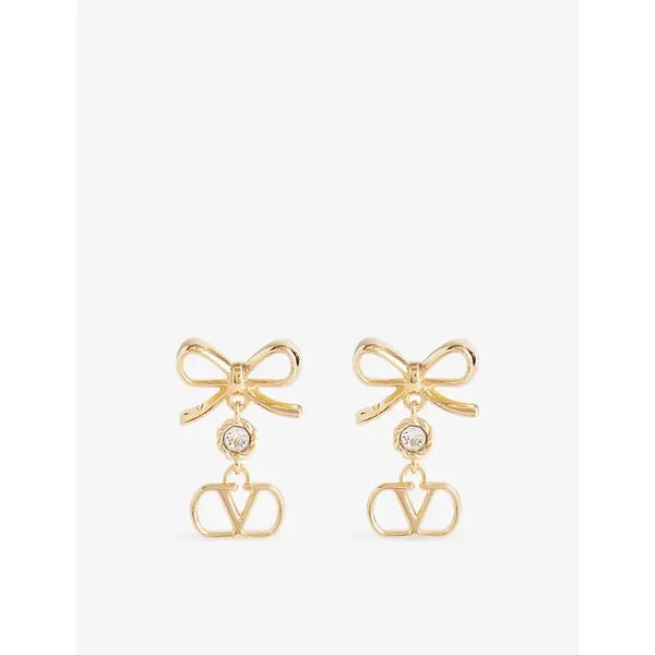 Valentino Garavani Vlogo Bow Brass Drop Earrings - Oro/crystal