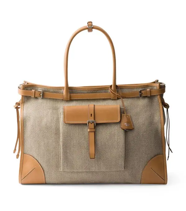 Prada Linen And Leather Route Tote Bag - Neutral